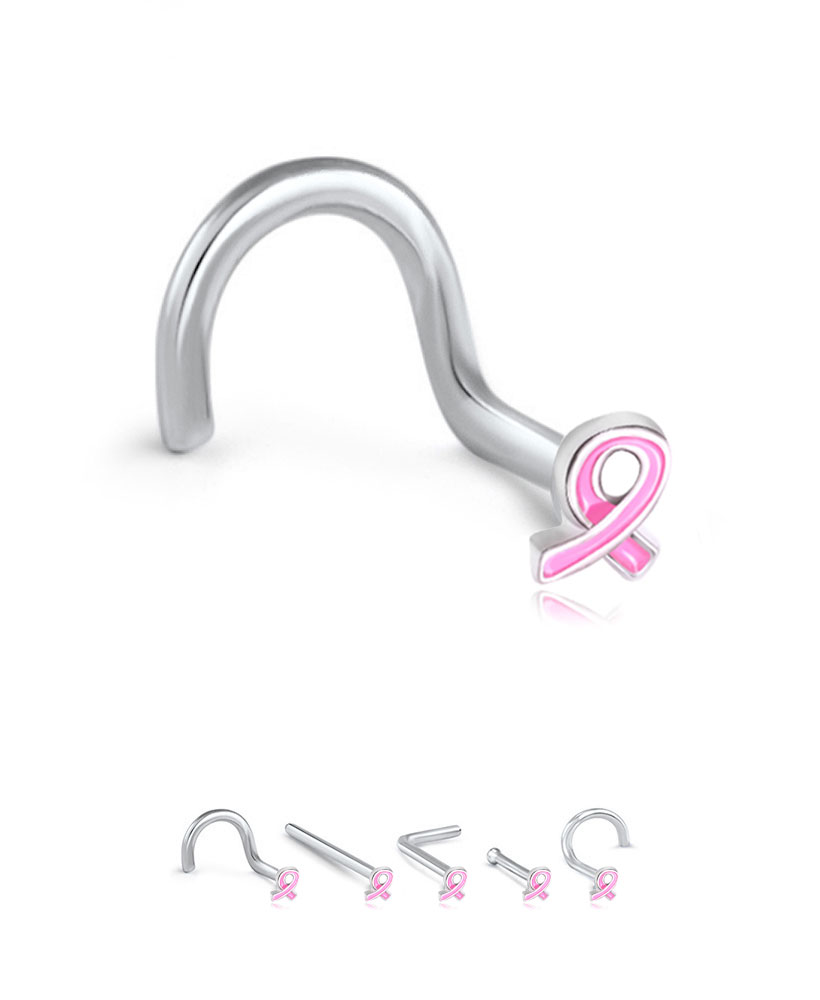 316L Surgical Steel Nose Stud Pink Ribbon 20G